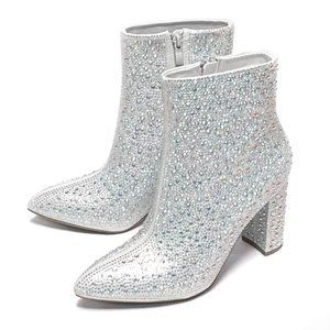 Shoes | New Silver Blingy Rhinestone Pointed Toe Chunky Heel Ankle ...
